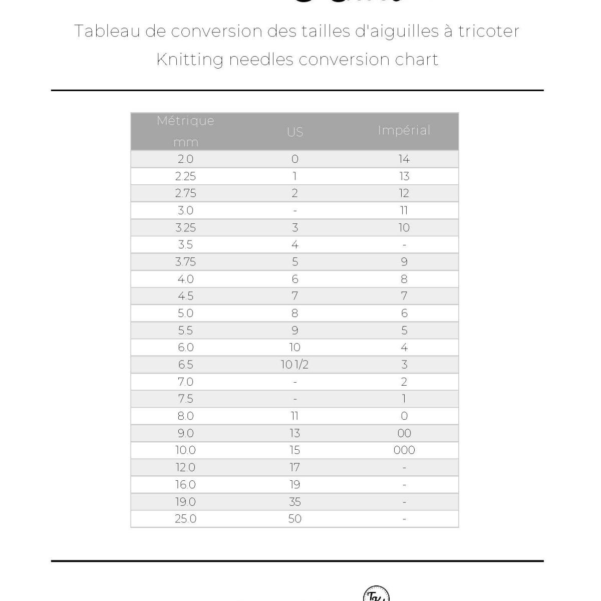 Tableau Conversion Aiguille Tricoter